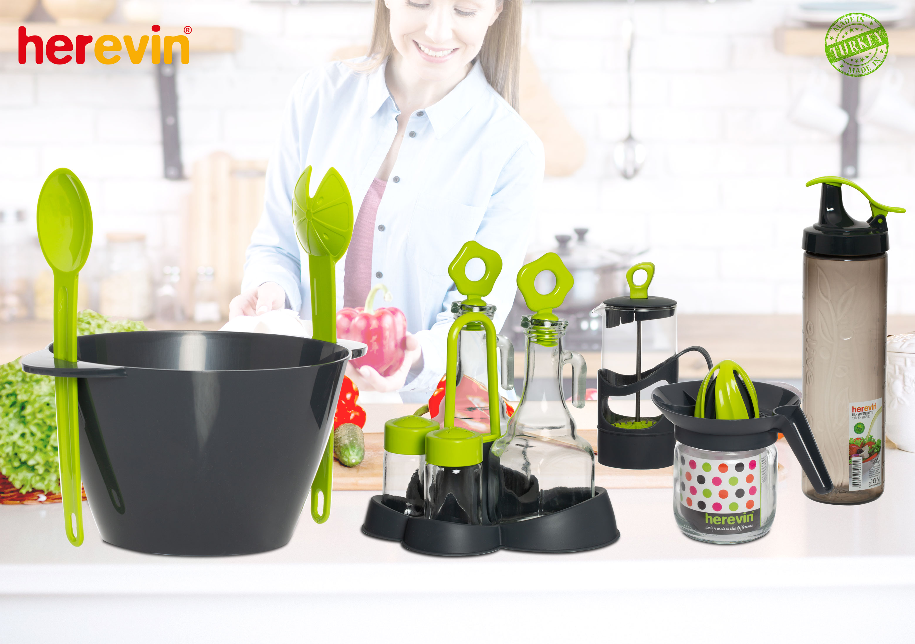 Plastic Kitchenware - herevin - Salad Bowl with Servers, Oil Bottles ...